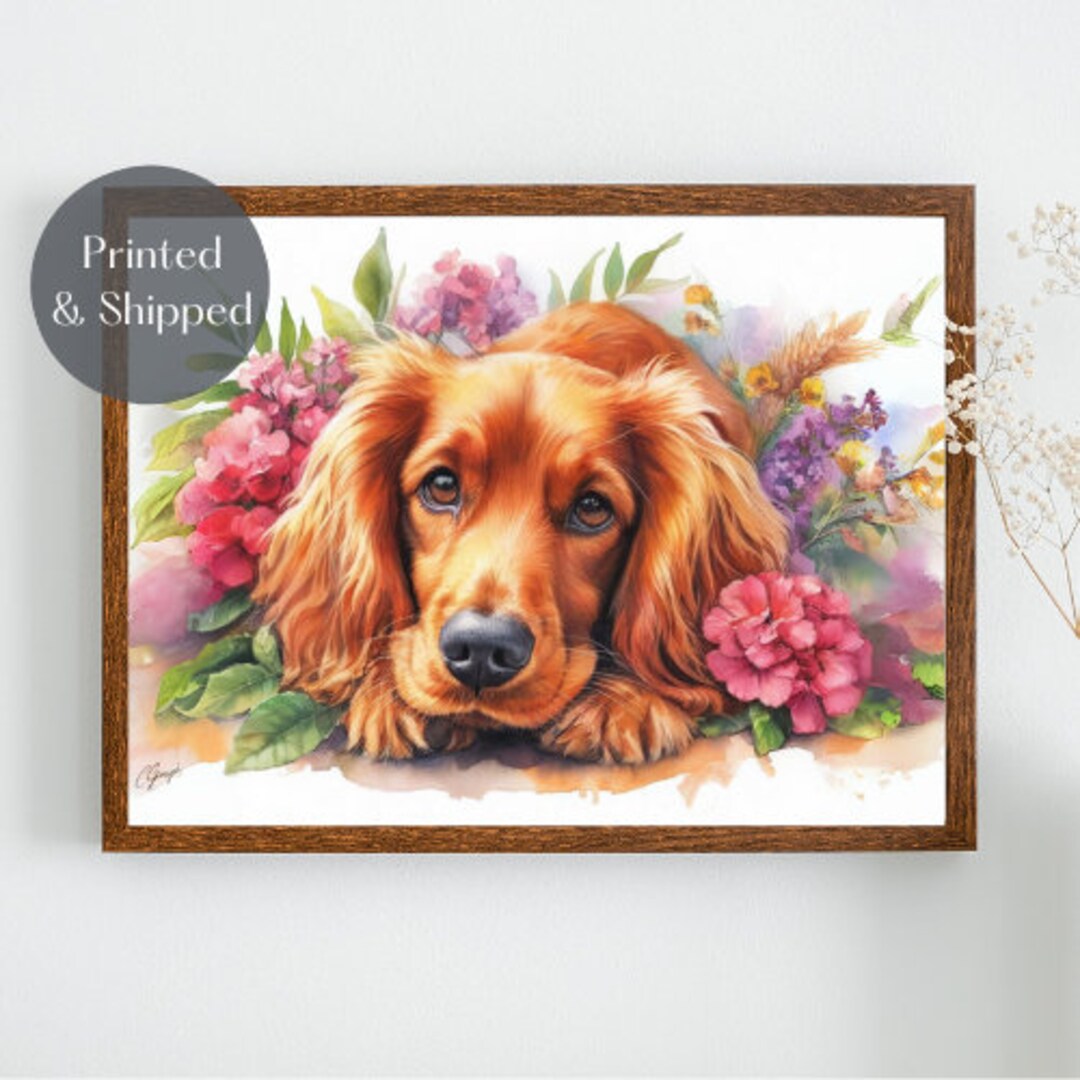 COCKER SPANIEL PRINT, Working Cocker Spaniel Flowers Wall Art, Red ...