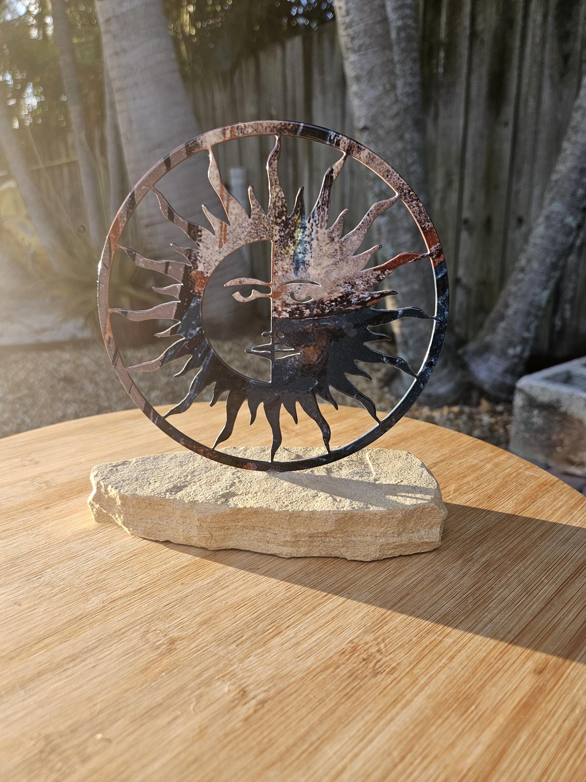 Celestial Sculpture Sun Moon Enameled Metal Stone Base Sungodess Patio ...