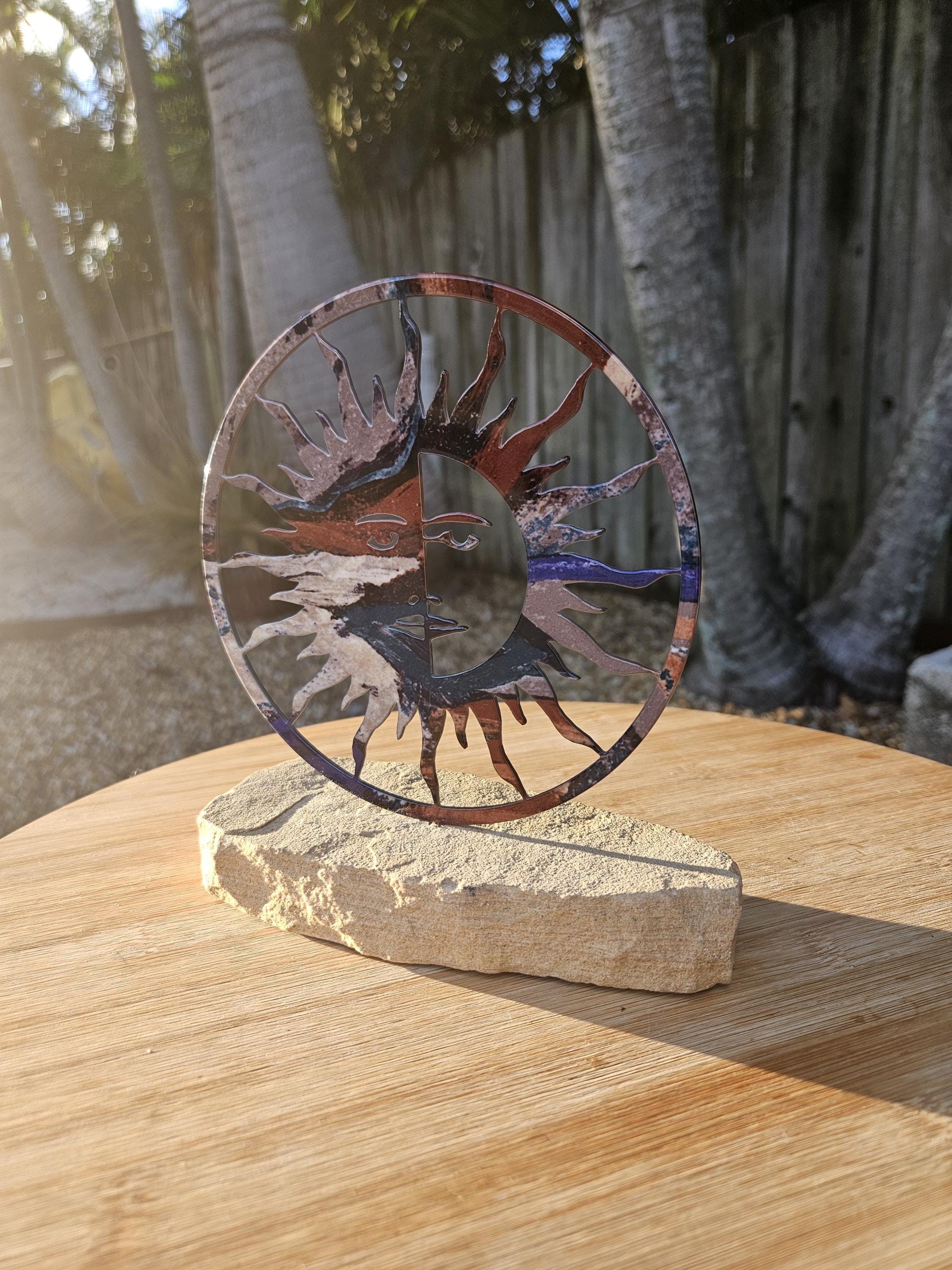 Celestial Sculpture Sun Moon Enameled Metal Stone Base Sungodess Patio ...