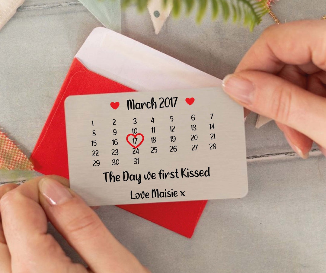 Personalised Our First Kiss Brushed Metal Wallet Card - Custom Romantic ...