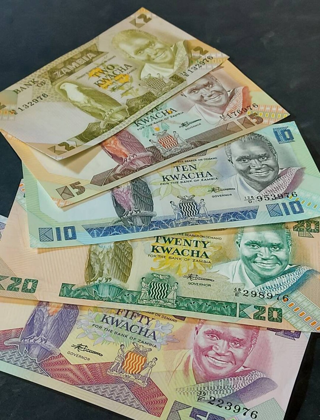 Zambia 1980's "fish Eagle" UNIQUE 5 Note Banknote Set; Same Last 3 ...