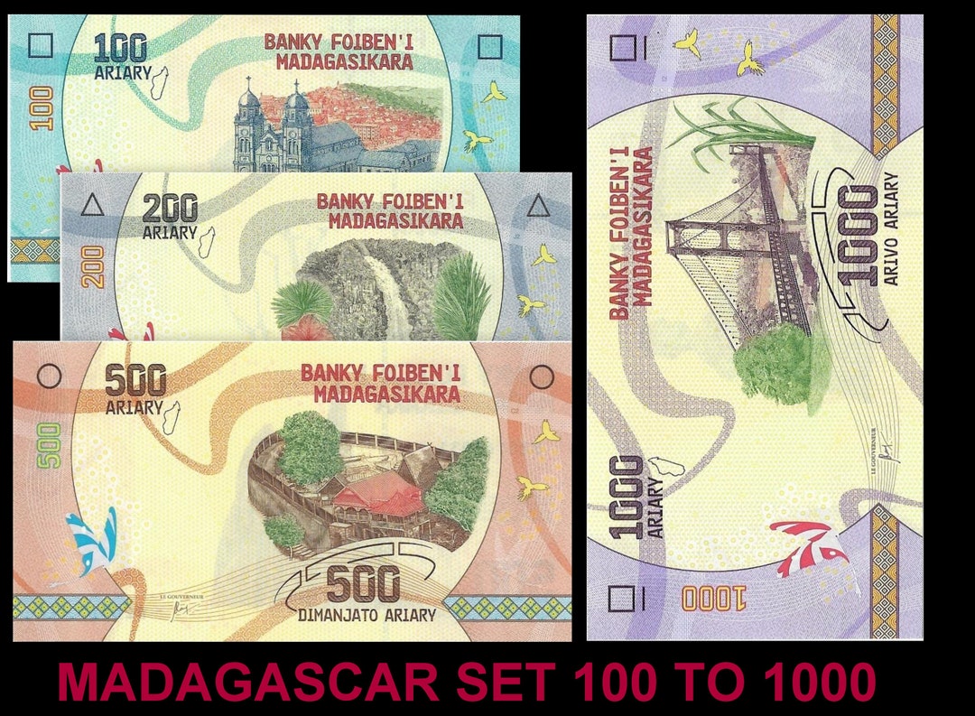 MADAGASCAR 4 Banknote SET, 100 to 1000 Ariary; 2017, Features Butterfly ...