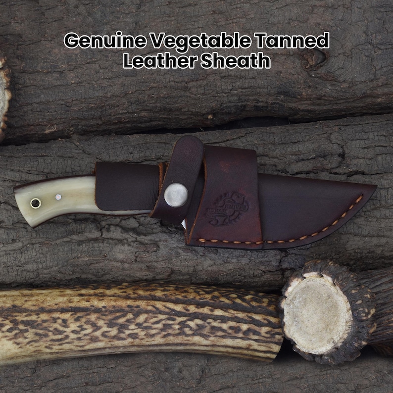 Damascus Bushcraft Knife: 8" Cattle Bone Handle, Heavy Duty Sheath - Etsy
