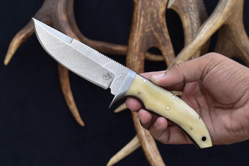 Damascus Bushcraft Knife: 9" Hunting Knife With Cattle Bone Handle - Etsy