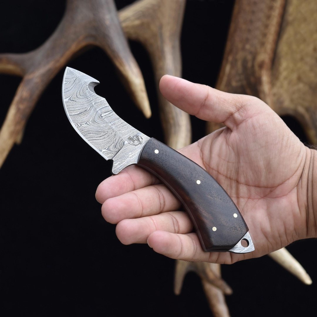 Custom Handmade 7" Gut Hook Skinning Knife With Rosewood Handle & Dual ...