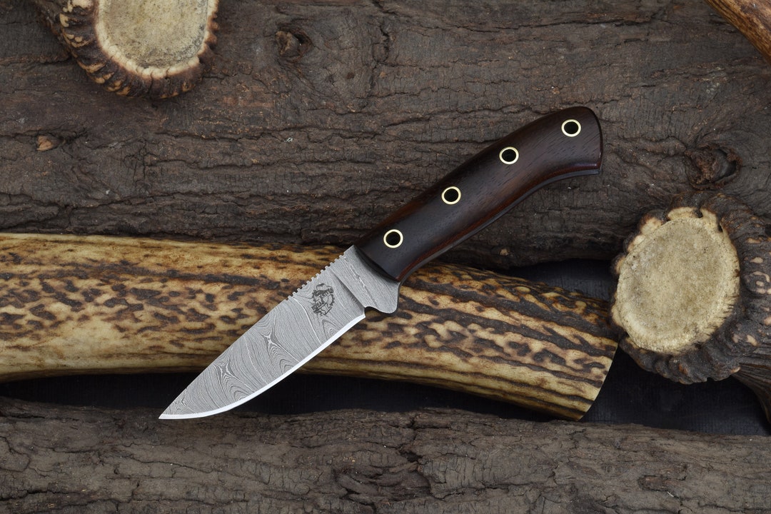 Handmade Damascus Steel Utility Knife: Rosewood Handle, Leather Sheath ...