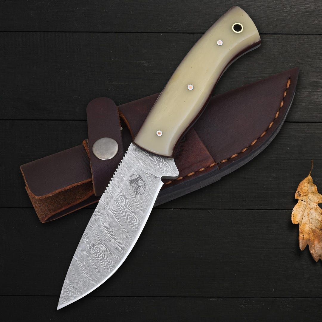 Damascus Bushcraft Knife: 8" Cattle Bone Handle, Heavy Duty Sheath - Etsy