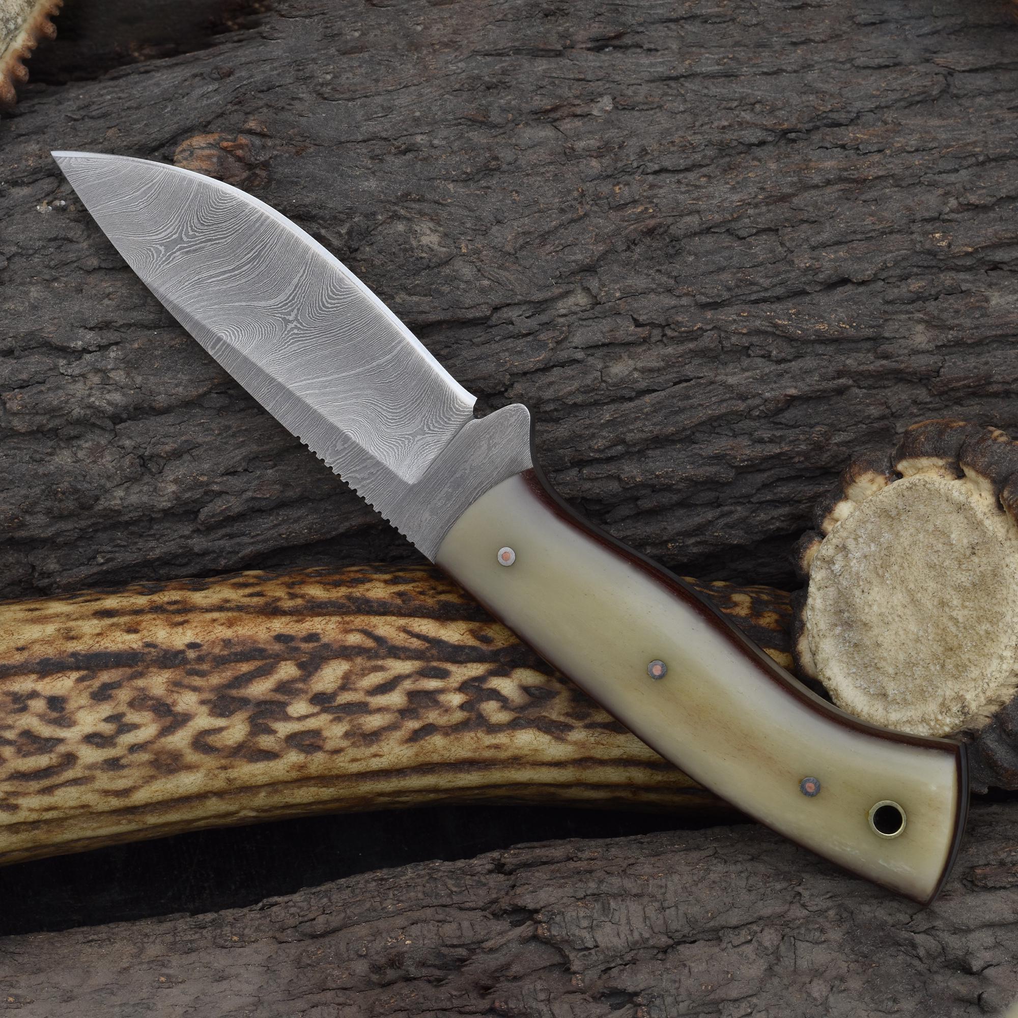 Damascus Bushcraft Knife: 8" Cattle Bone Handle, Heavy Duty Sheath - Etsy