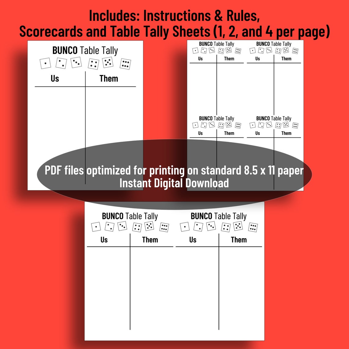 BUNCO Printable | Score Card + Tally Sheet + Instructions/rules ...