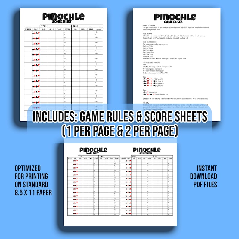 PINOCHLE Printable Score Sheet + Game Rules | Digital Files - Etsy