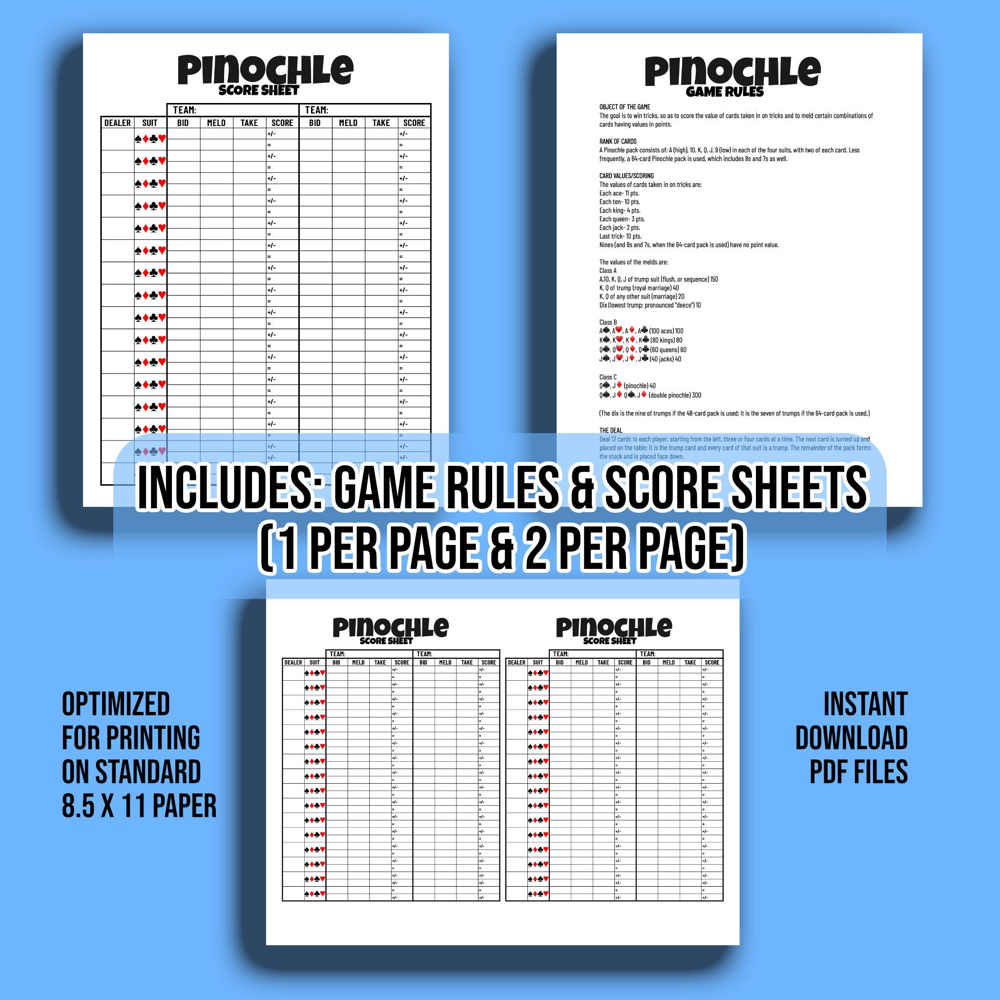 PINOCHLE Printable Score Sheet Game Rules Digital Files
