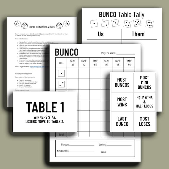 Bunco Score Cards, Bunco Tally Sheets, Game Night Rules ...
