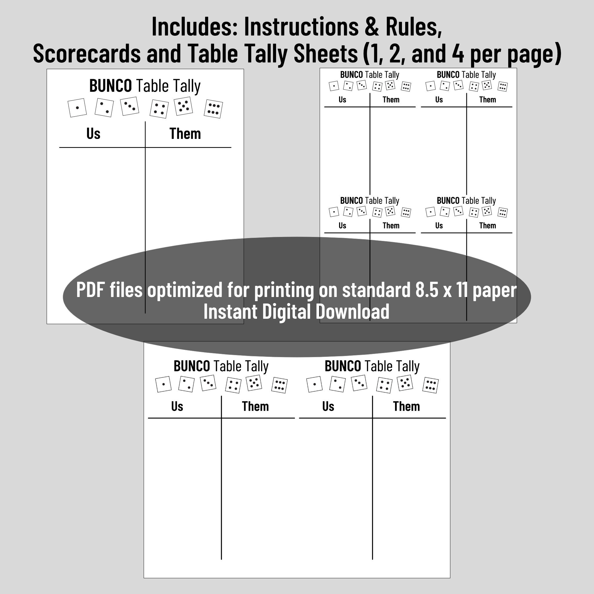 BUNCO Printable | Score Card + Tally Sheet + Instructions/rules ...