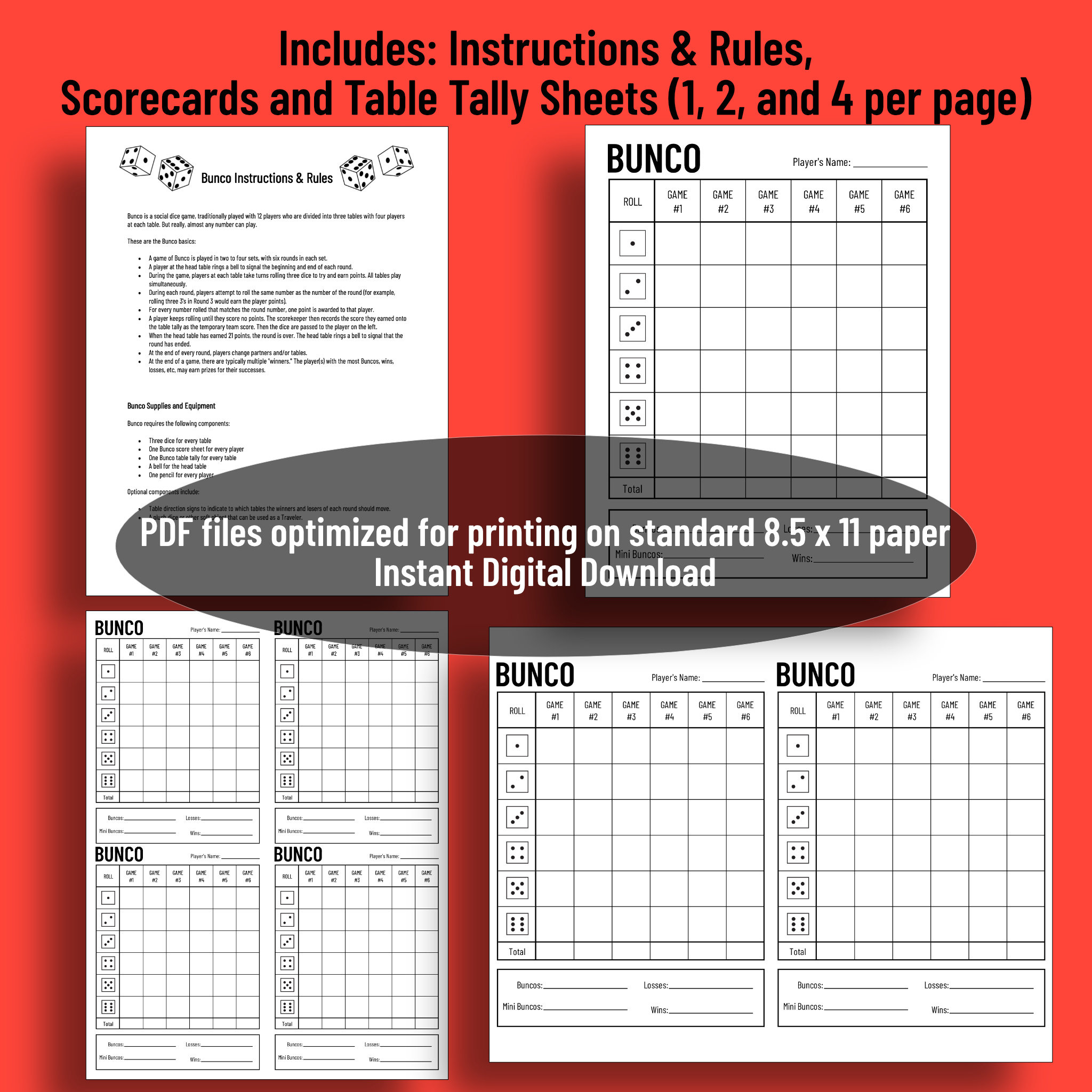 BUNCO Printable | Score Card + Tally Sheet + Instructions/rules ...