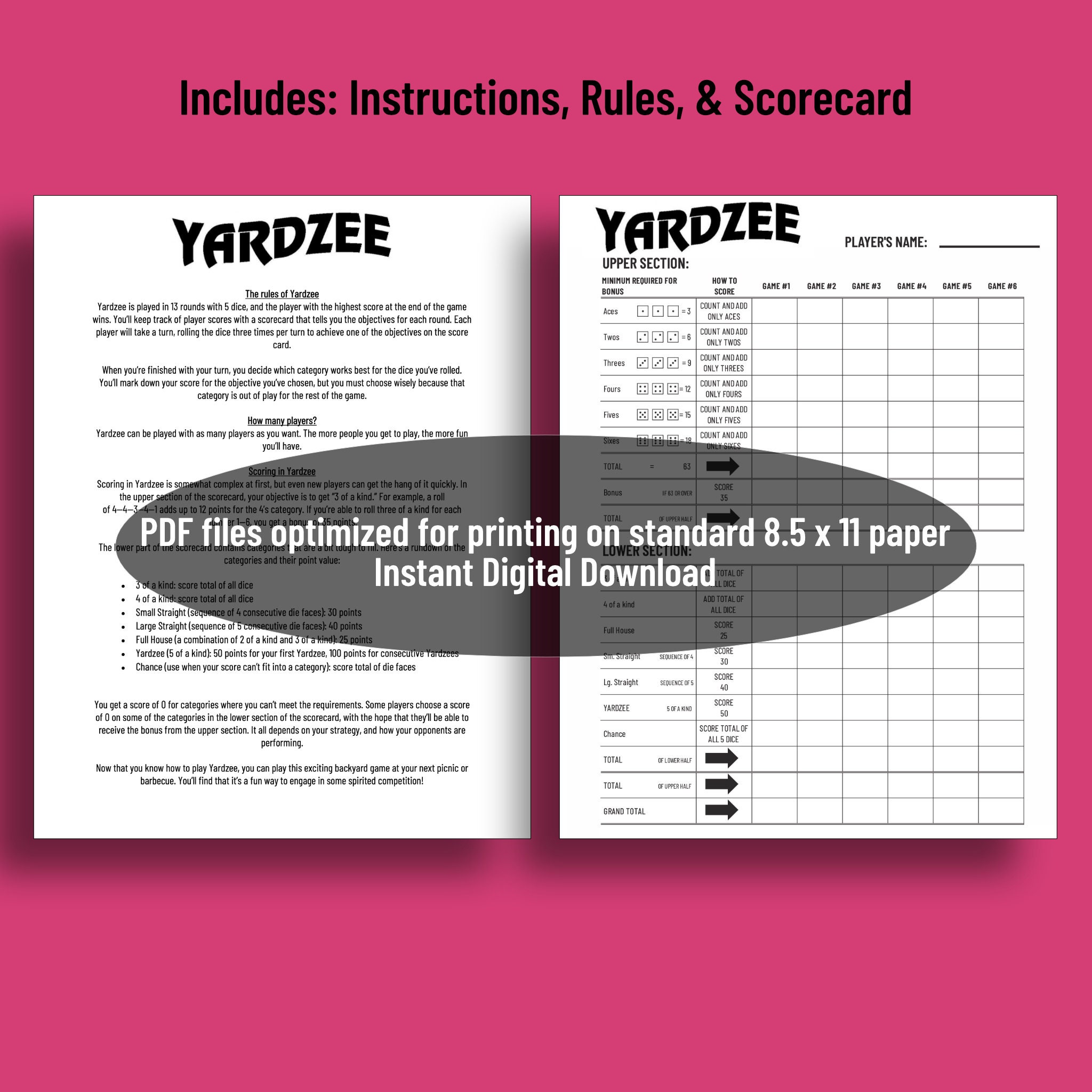 Printable YARDZEE/ YAHTZEE Score Card & Instructions | Digital File - Etsy