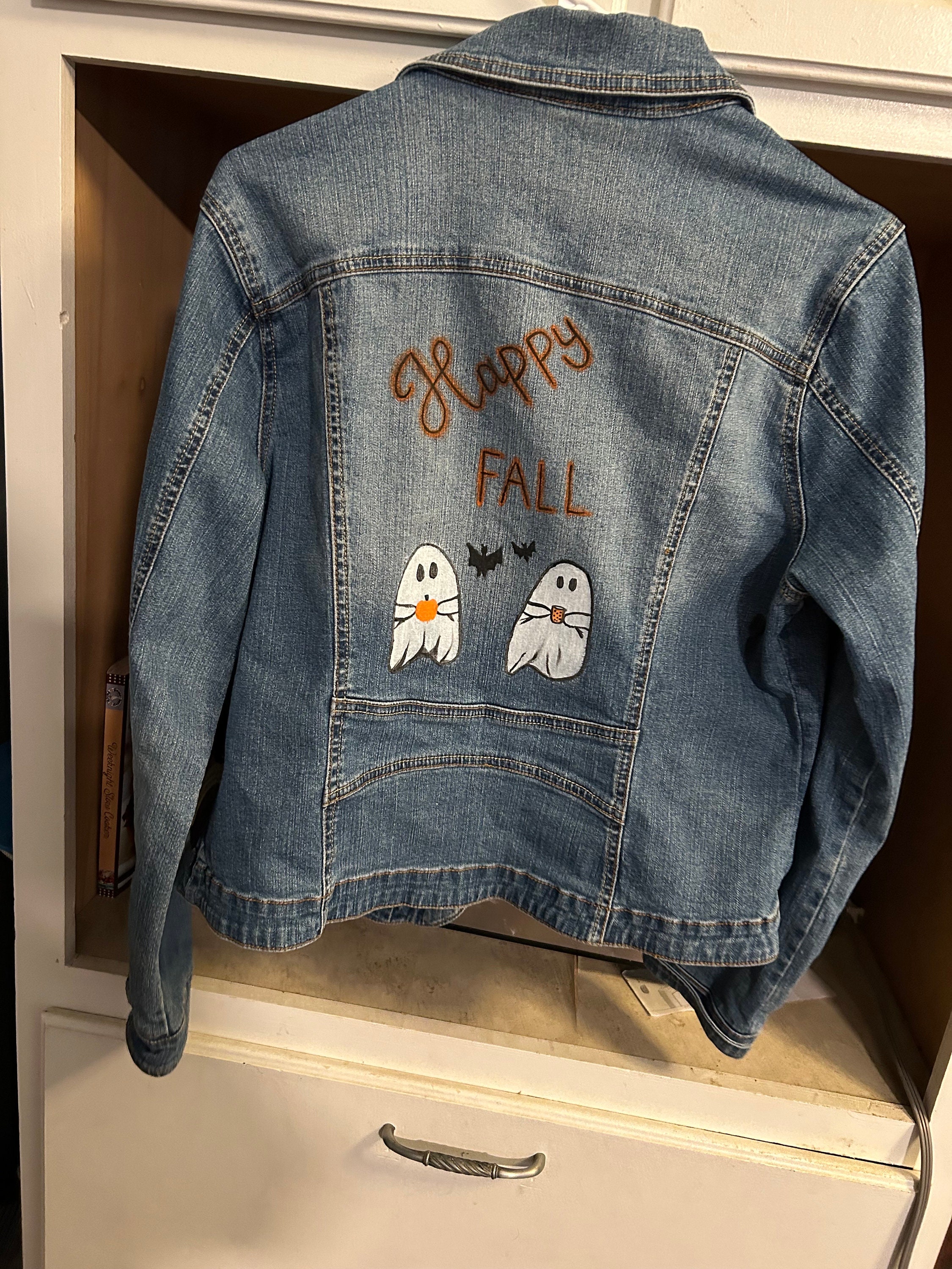 Hello Fall Ghost Painted Denim Jacket - Etsy
