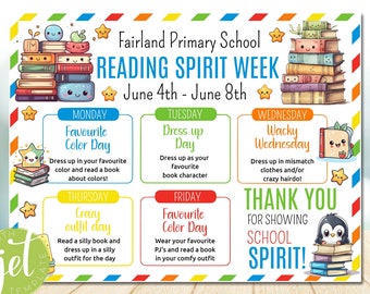 EDITABLE Reading Spirit Week Flyer, Literacy Itinerary Self Editing ...