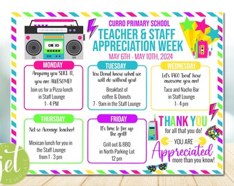 EDITABLE 80s Teacher & Staff Appreciation Flyer, Neon Cassette Player ...