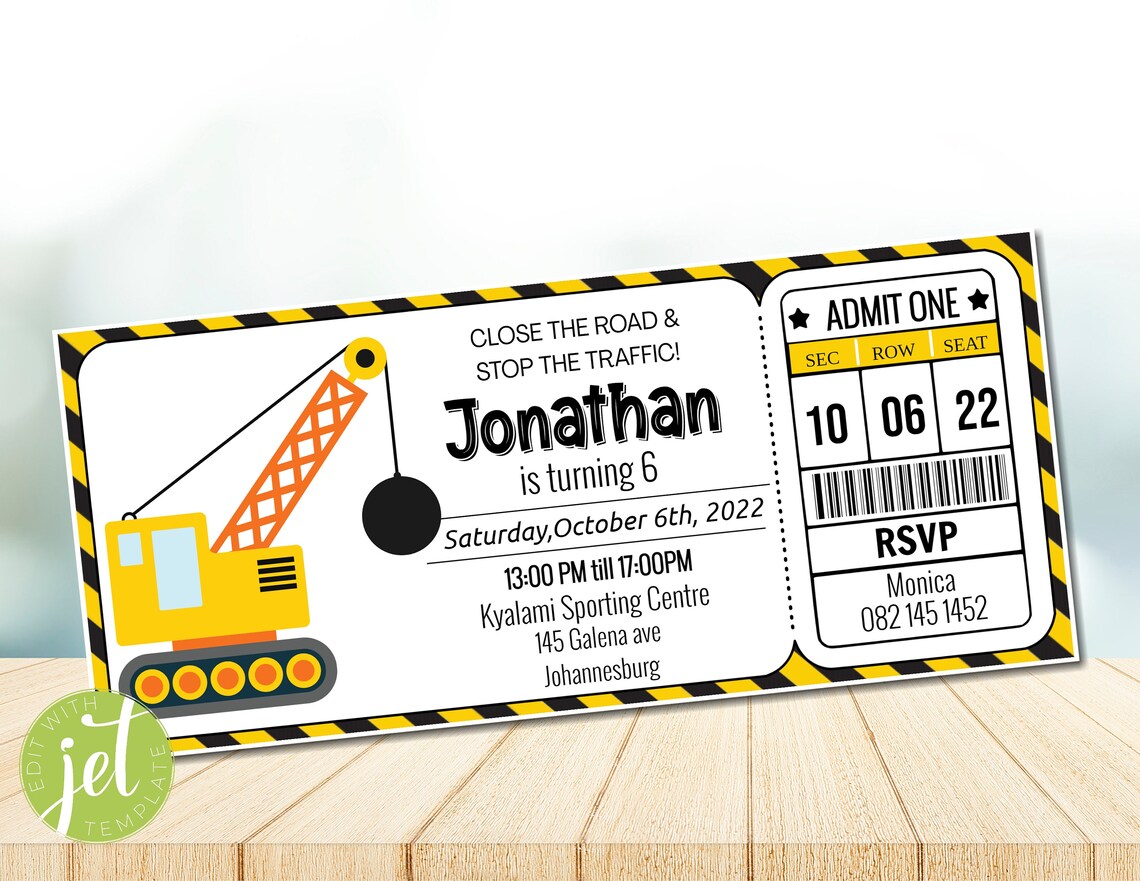 Editable Construction Birthday Ticket Invitation Construction - Etsy