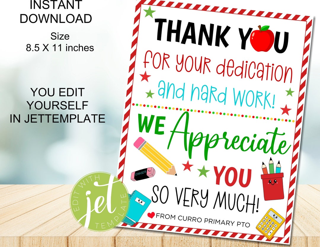 Editable Teacher Appreciation Week Sign, Thank You for Your Dedication ...