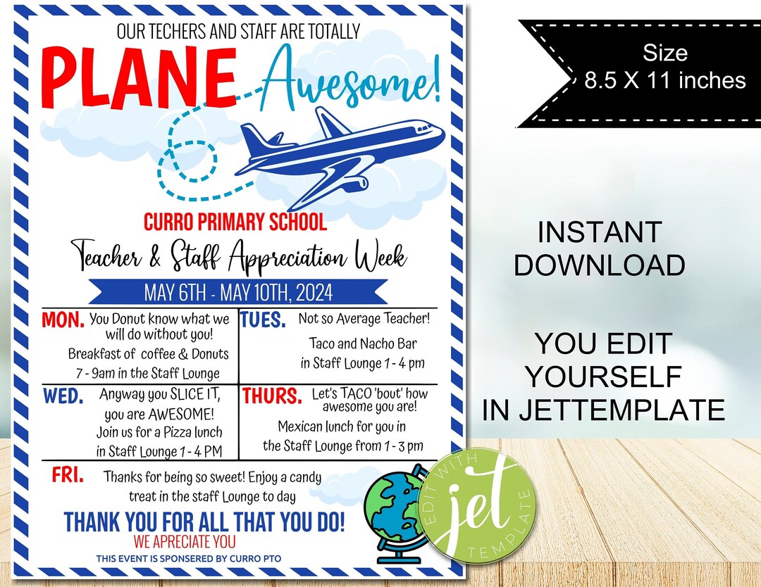 Editable Plane AWESOME Teacher Appreciation Week Itinerary, Flyer ...