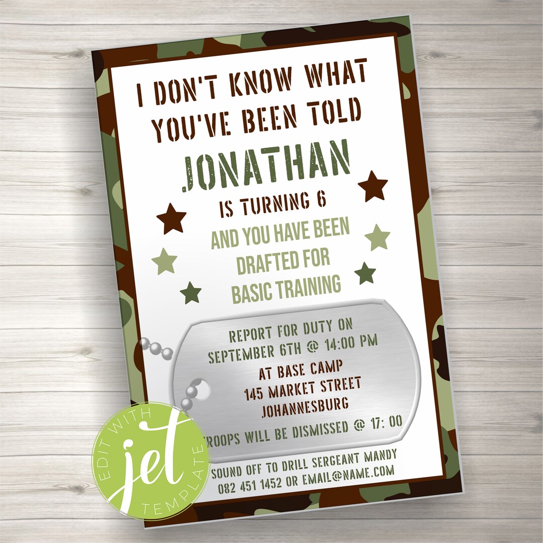 EDITABLE Army Invitation Template, Printable Green Camo Theme Birthday ...
