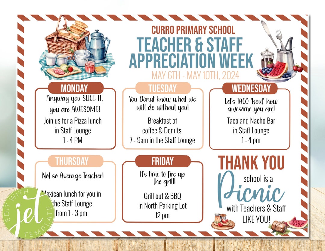 EDITABLE Picnic Teacher & Staff Appreciation Flyer, Backyard Itinerary ...