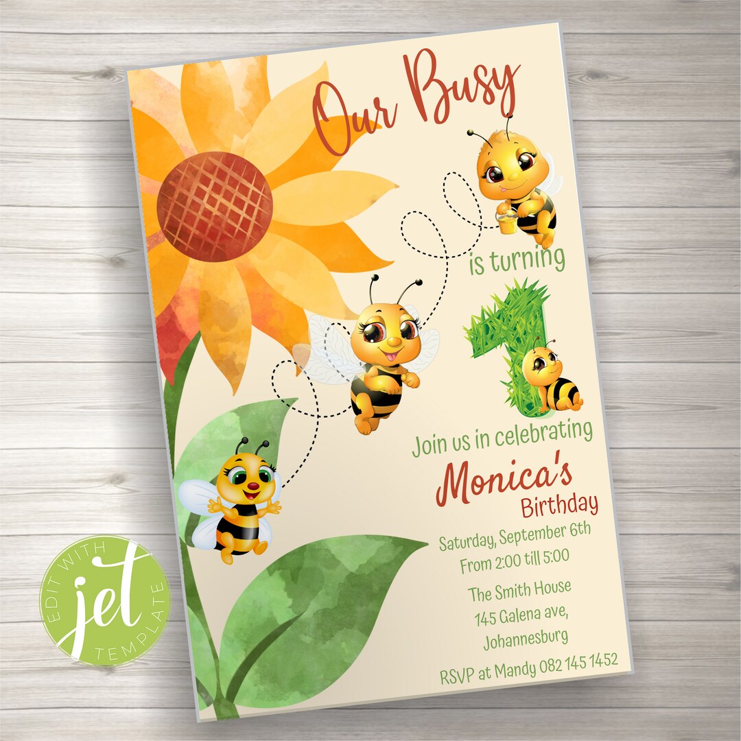 Editable Busy Bee Invitation Printable, Bee Invitation, 1st Birthday ...