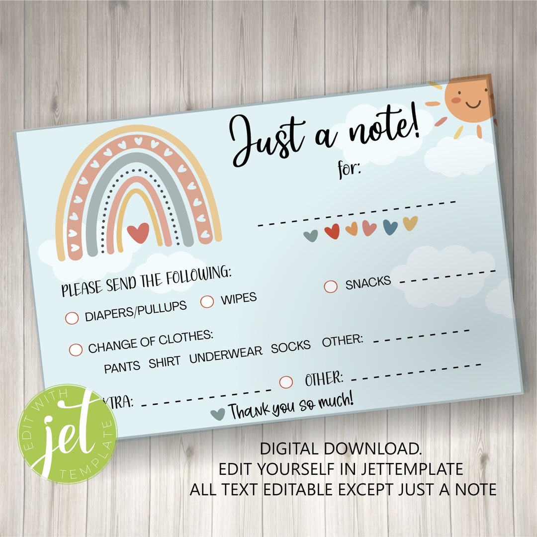 EDITABLE Just a Note, Daycare Note Home, Cute Boho Rainbow Daycare Card ...