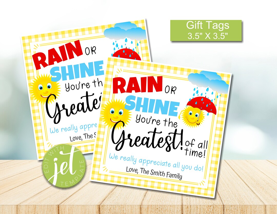 Editable Rain or Shine Gift Tag, Teacher Staff Employee Appreciation ...