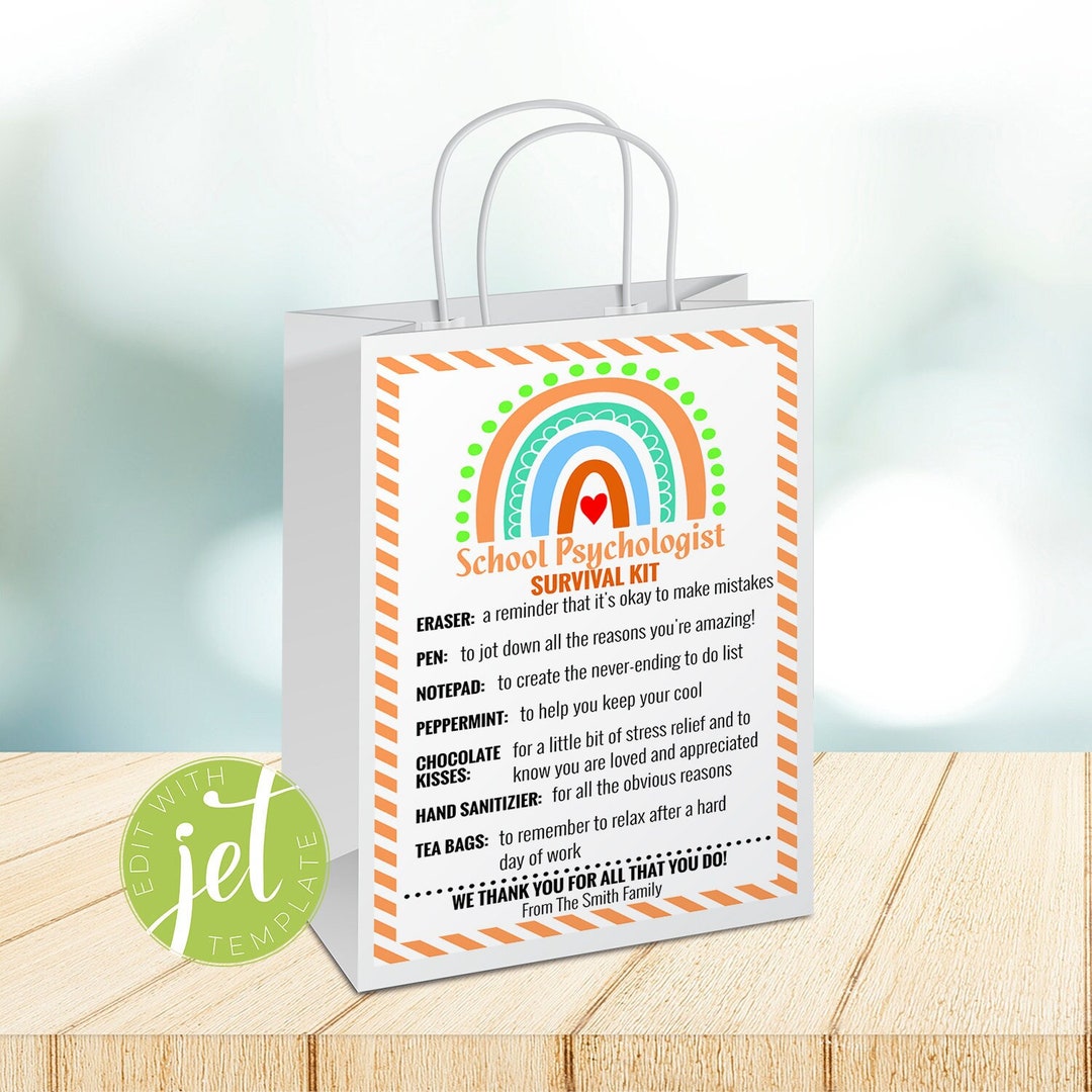 Editable Pschologist Survival Kit Printable, Counselor, Gift Bag Label ...