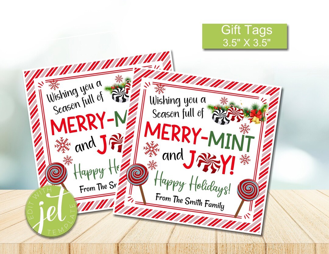 Christmas Mint Tags, Wishing You Merri-mint and Joy, Thank You Gift ...