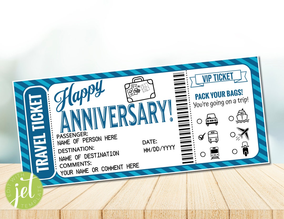 Editable Anniversary Travel Ticket Boarding Pass Template, Vacation ...
