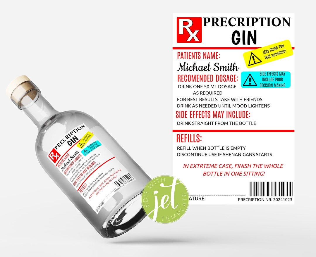 Editable Prescription Gin Label, Gin Bottle Label, Gin Bottle Stickers ...