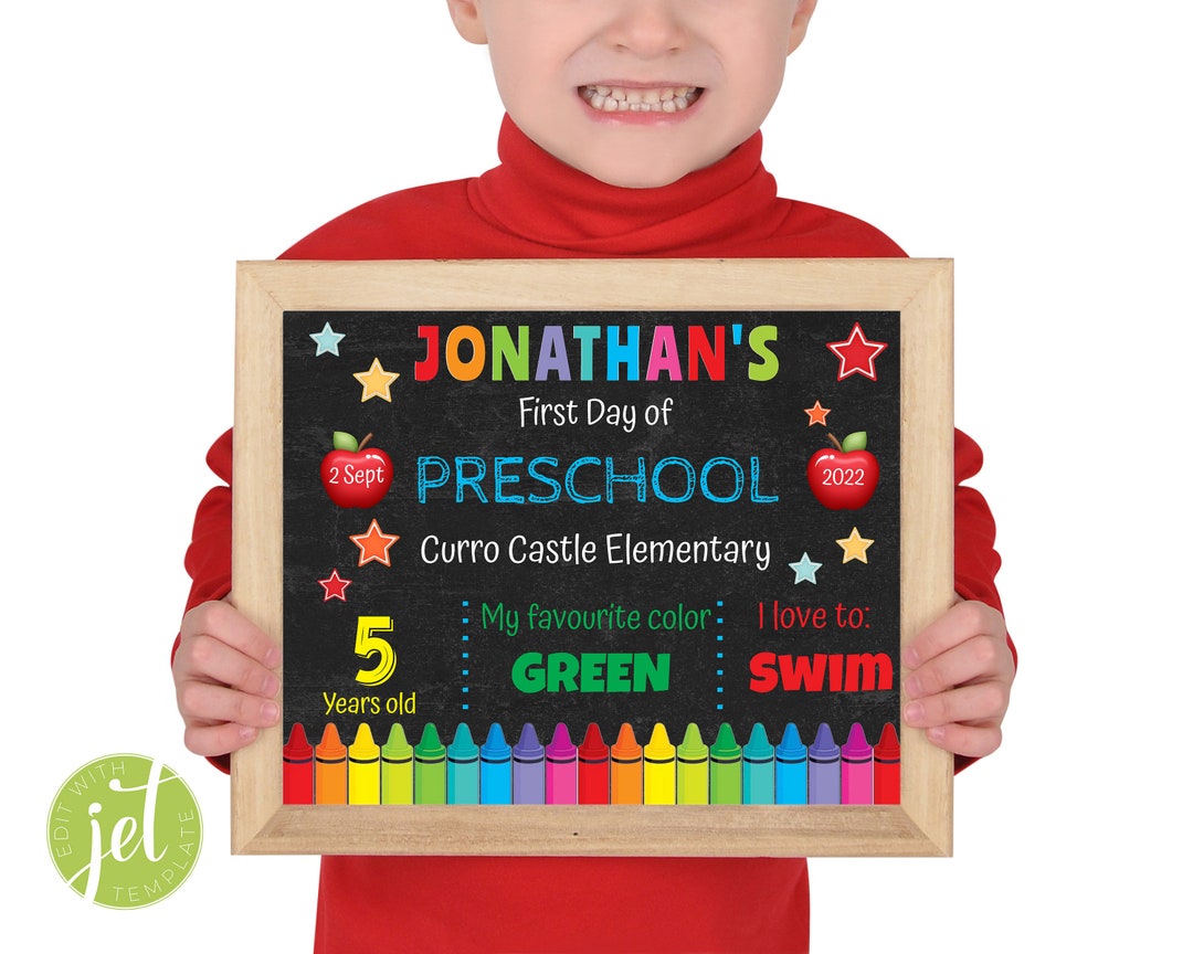 Editable First School Day of School Sign, Chalkboard, Printable Sign ...