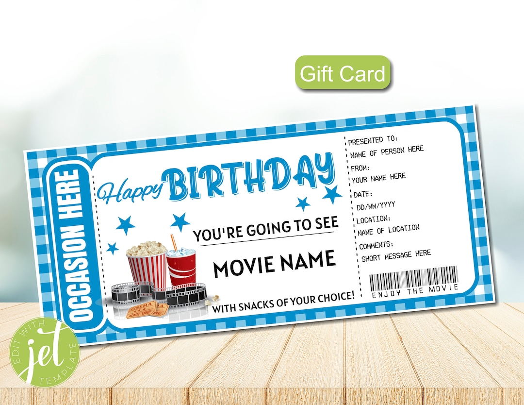 Printable Surprise Movie Ticket Gift Certificate, Happy Birthday Gift ...