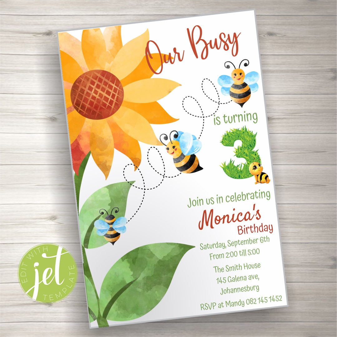 Editable Busy Bee Invitation Printable, Bee Invitation, 3rd Birthday ...
