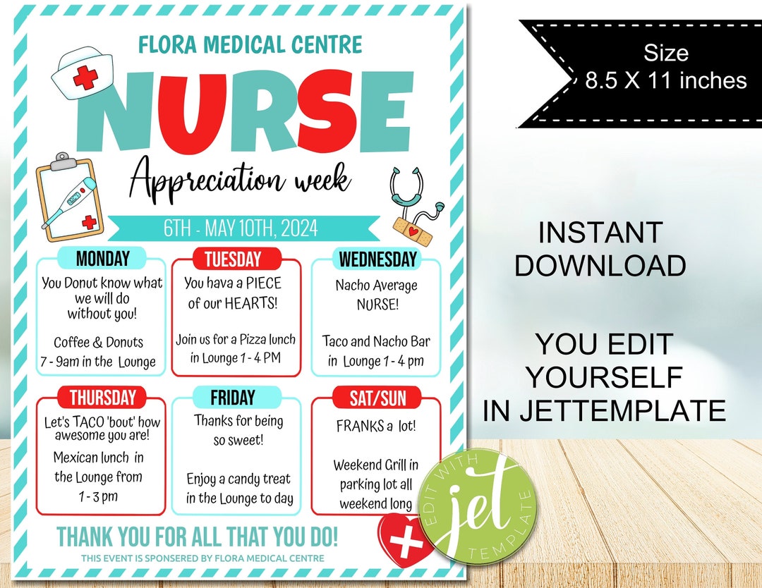 Editable Nurse Appreciation Week Itinerary Template, Heart Medical ...