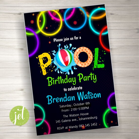 Editable Pool Party Invitation Printable Glow in the Dark - Etsy