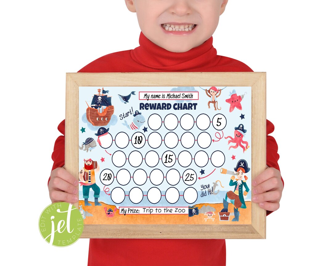 Editable Watercolor Pirates Reward Chart for Kids, Simple Kids Reward ...
