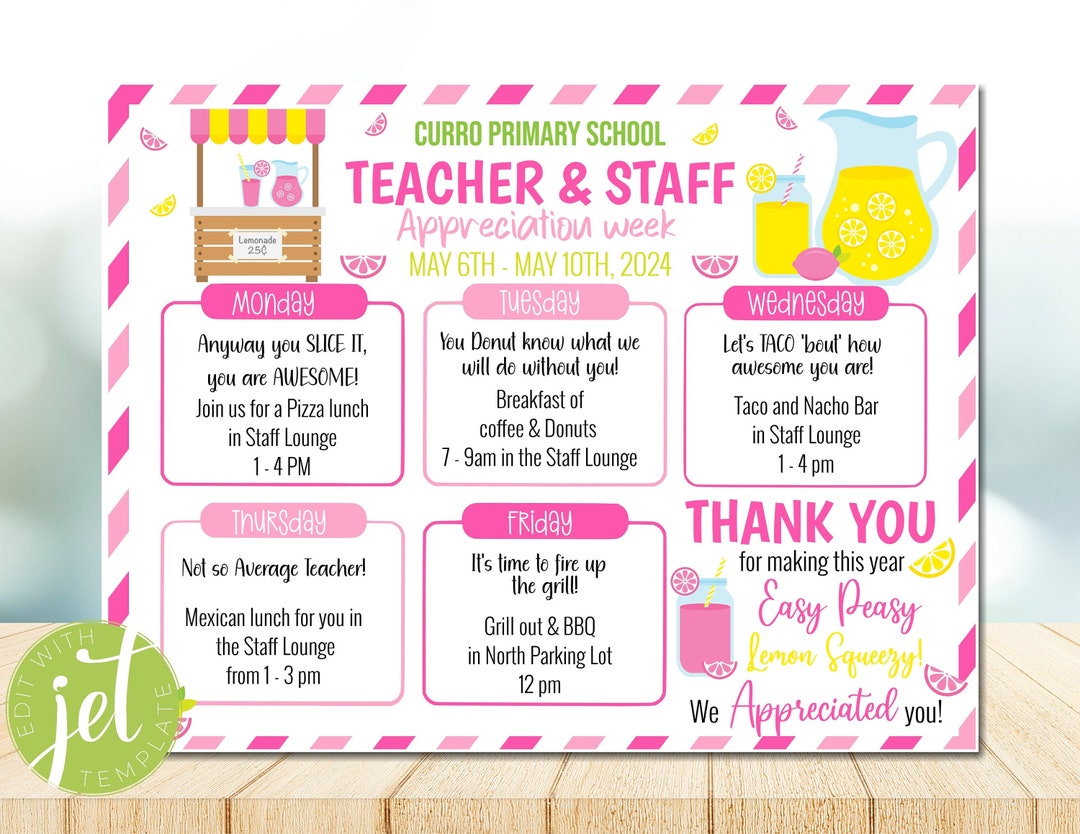 EDITABLE Lemonade Teacher and Staff Appreciation Flyer, Lemon Itinerary ...