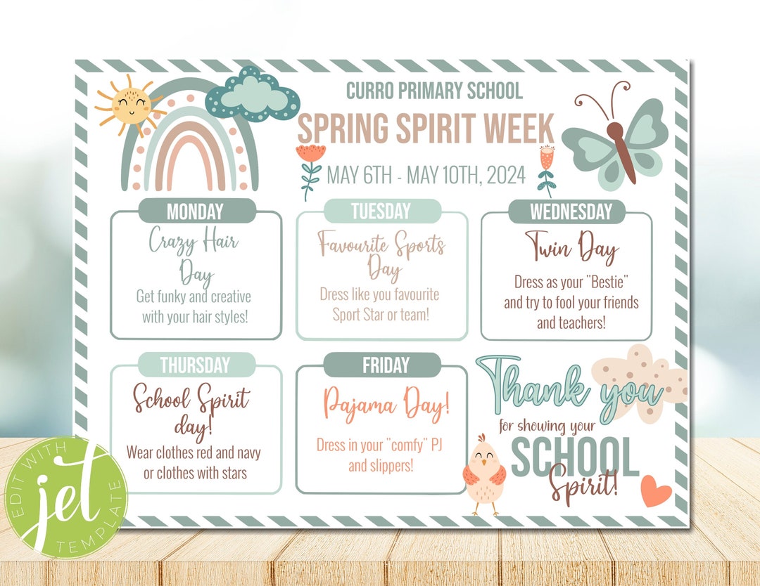 Editable Spring Spirit Week Flyer, Itinerary Week Self Editing Invite ...