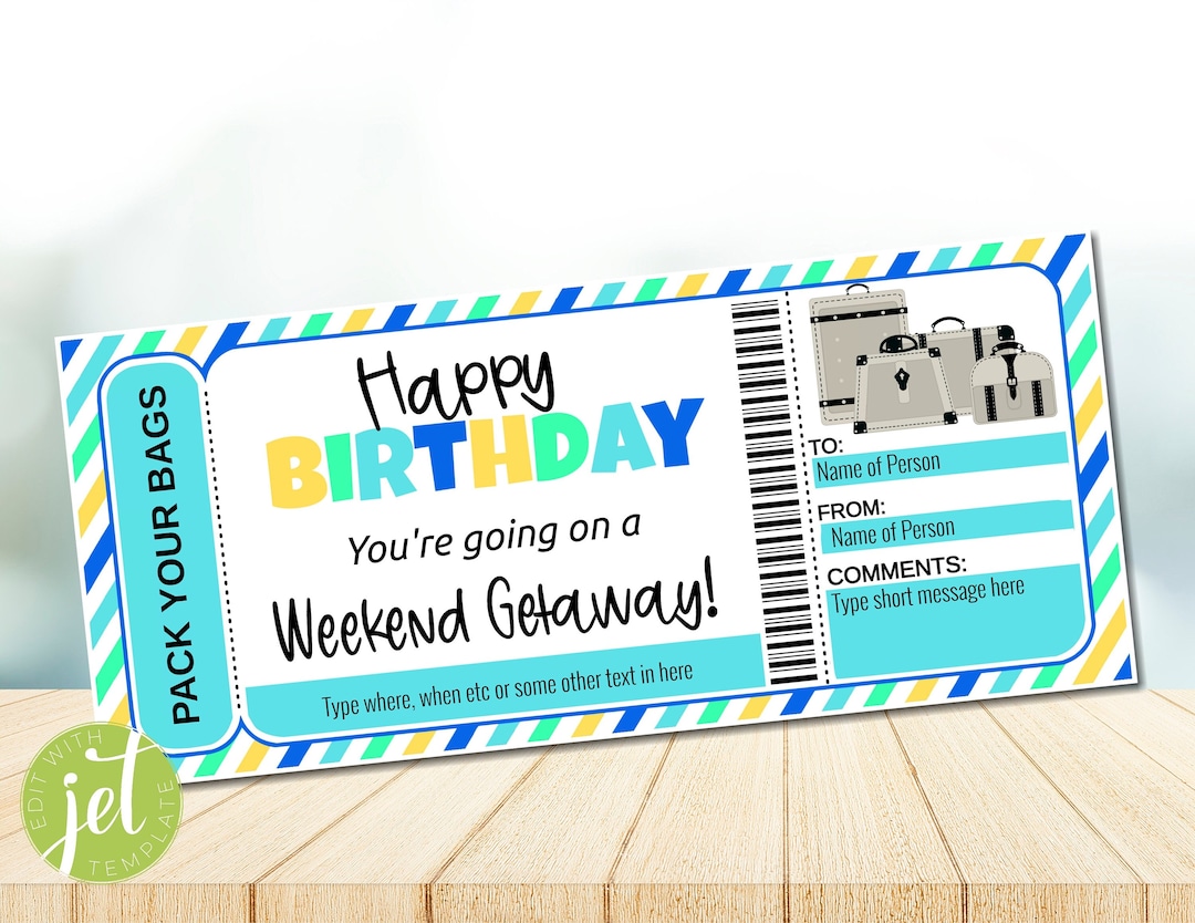 EDITABLE Weekend Getaway Voucher, Gift Certificate Ticket Card ...