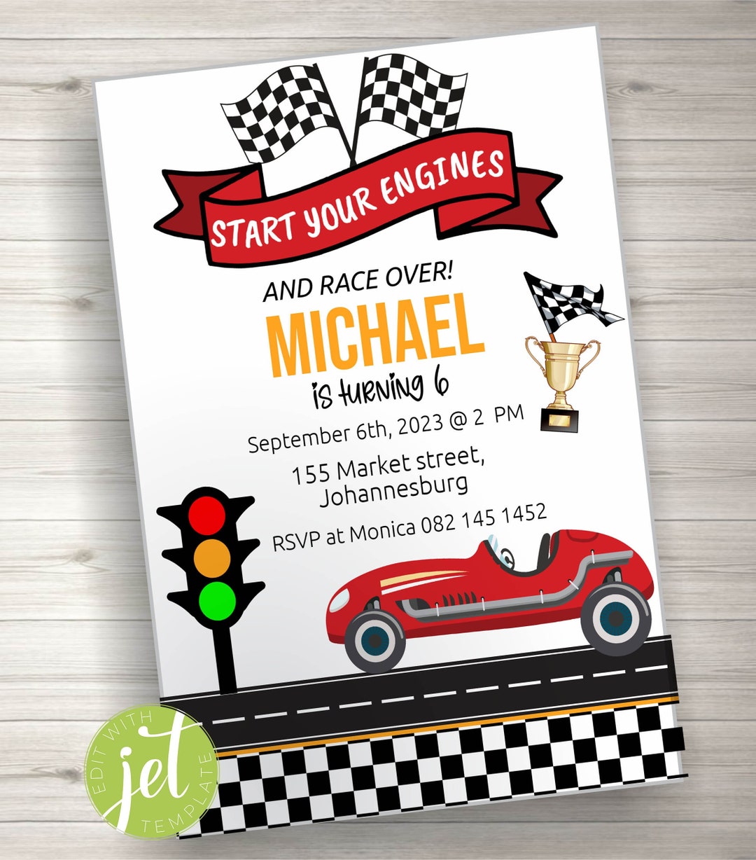Editable Race Car Birthday Invitations, Racing Car Themed Bday Party ...