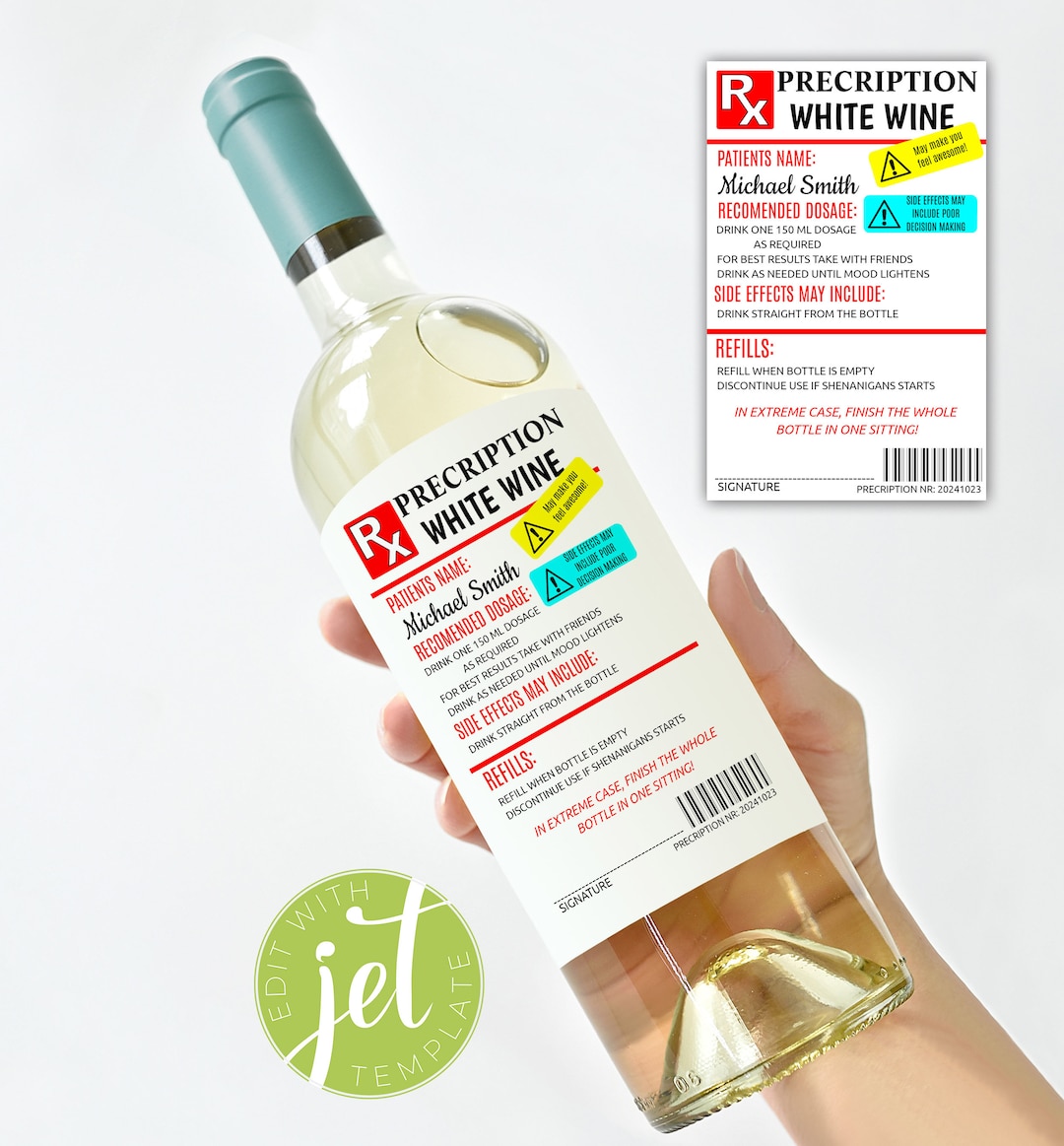 Editable Prescription White Wine Label, Wine Gift, Wine Bottle Label ...