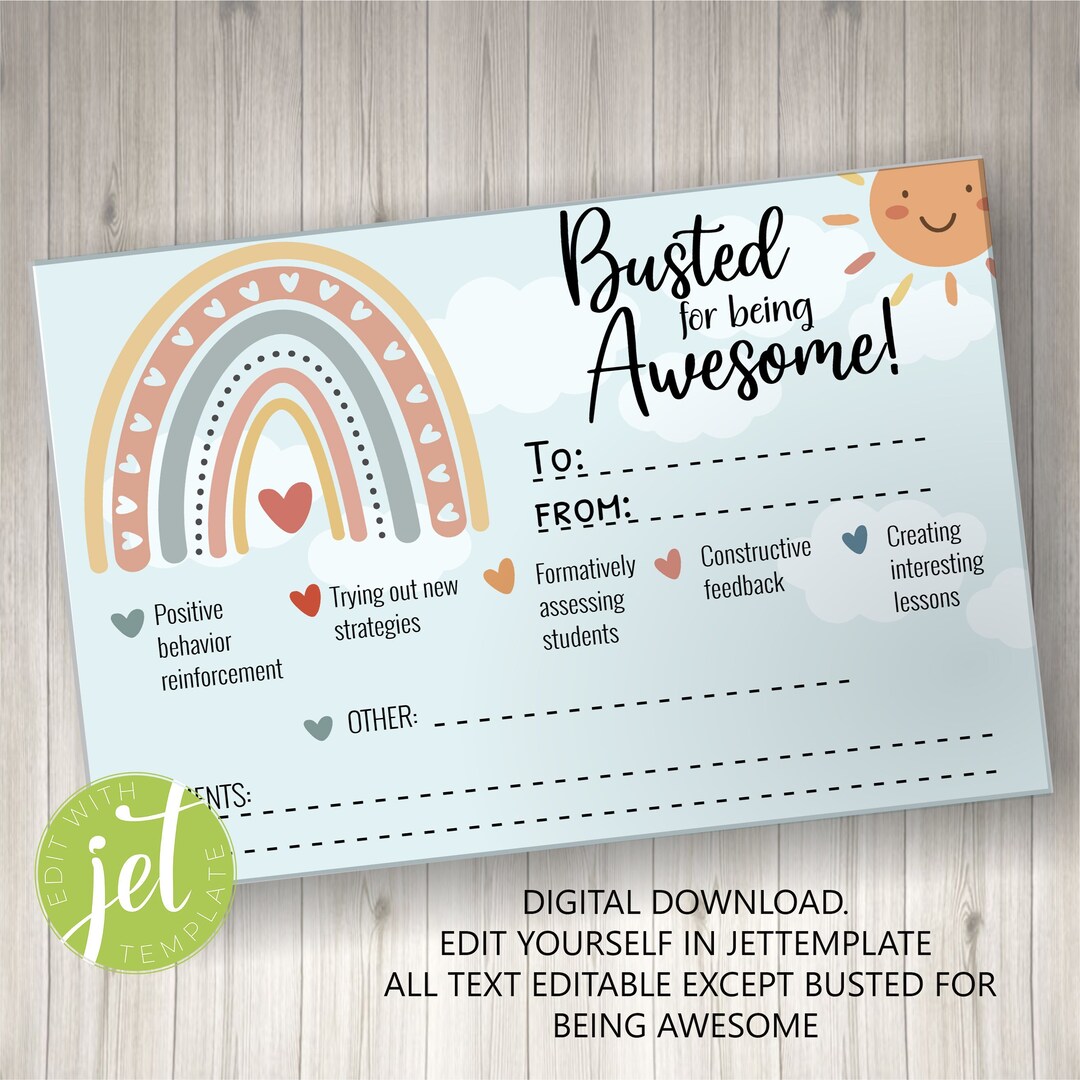 EDITABLE Boho Rainbow Teacher Feedback Card, Teacher Positive ...