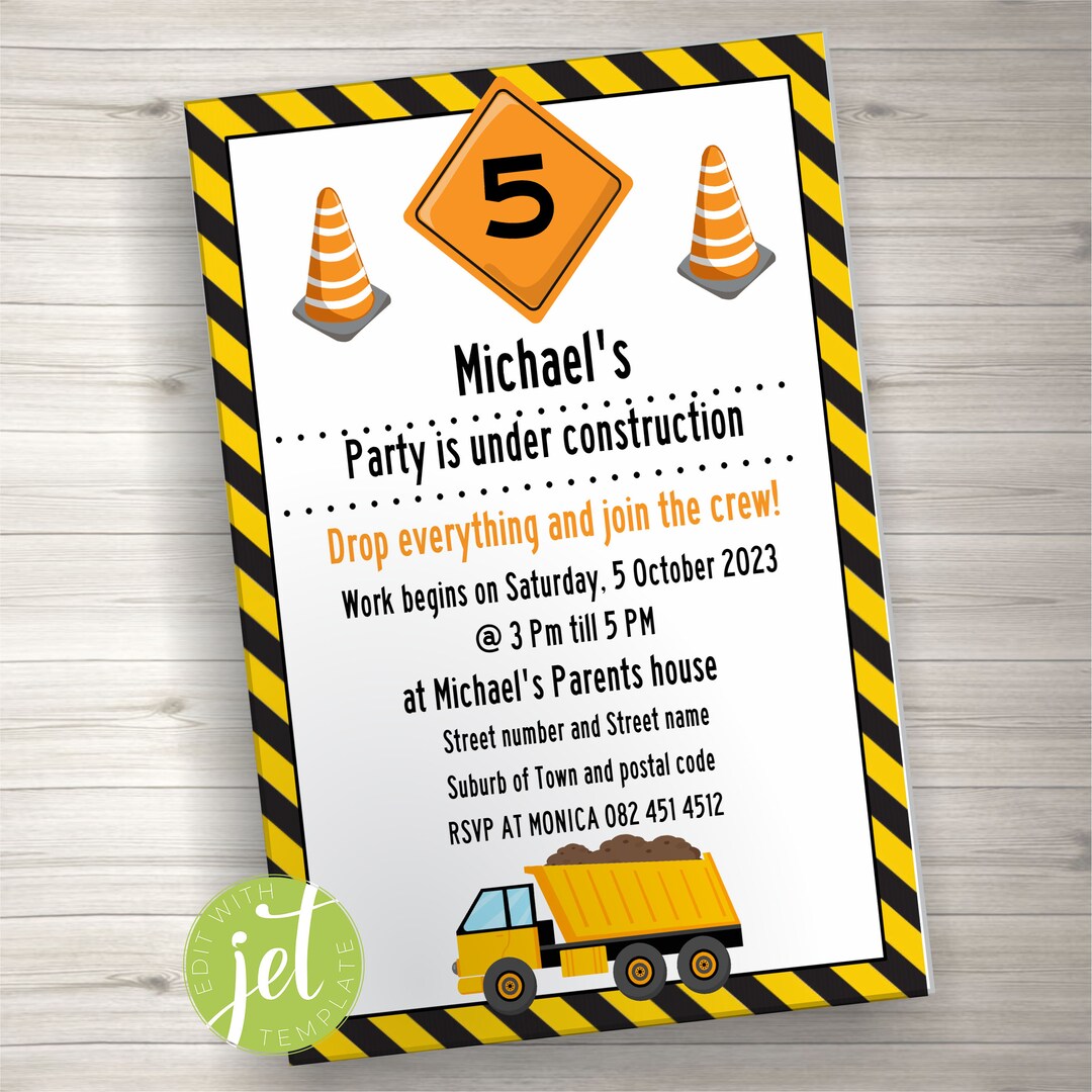 Editable Construction Invitation Template , Printable Birthday Party ...