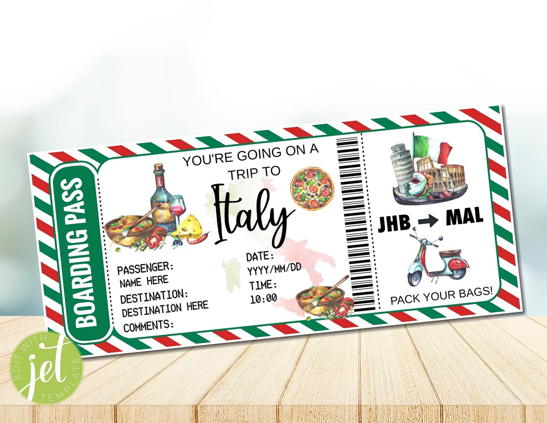 Editable Italy Surprise Boarding Pass Gift Voucher, Vacation Ticket ...