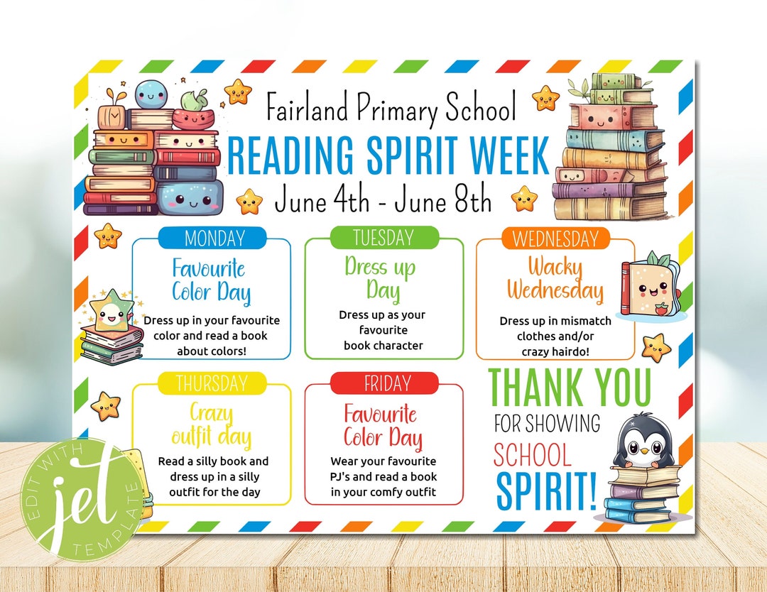Buy EDITABLE Reading Spirit Week Flyer, Literacy Itinerary Self Editing ...