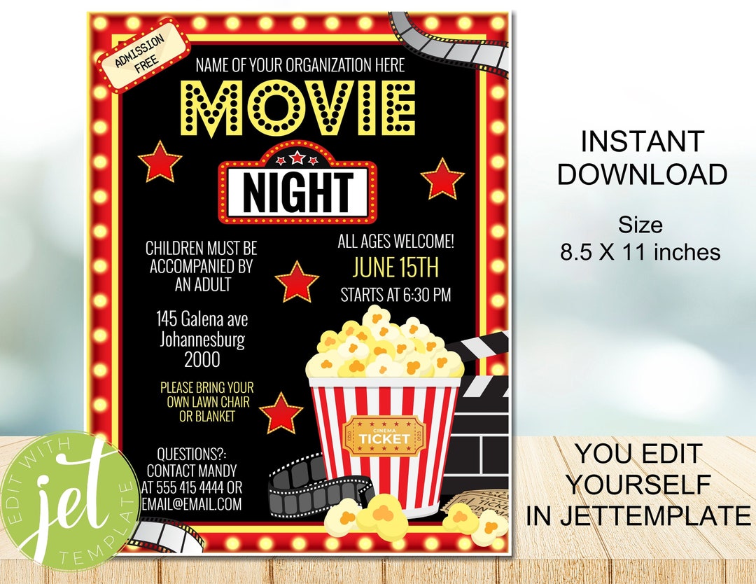 EDITABLE Movie Night Flyer, Printable PTA PTO Flyer, School Church ...